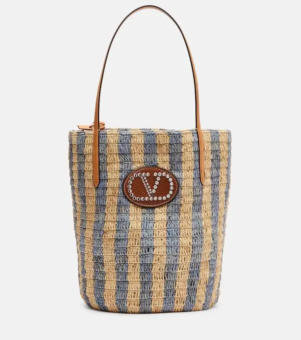 Valentino Garavani Vlogo Striped Raffia Tote - Beige
