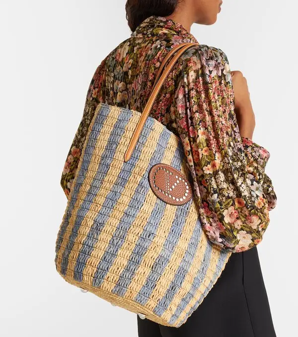 Valentino Garavani Vlogo Striped Raffia Tote - Beige