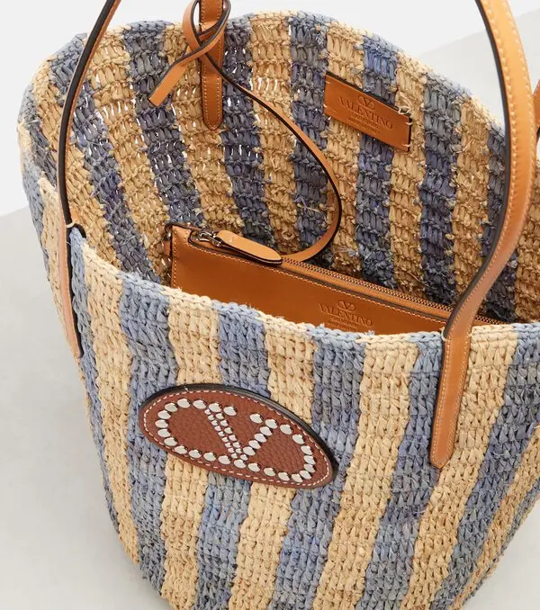 Valentino Garavani Vlogo Striped Raffia Tote - Beige