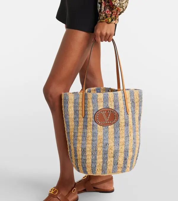 Valentino Garavani Vlogo Striped Raffia Tote - Beige