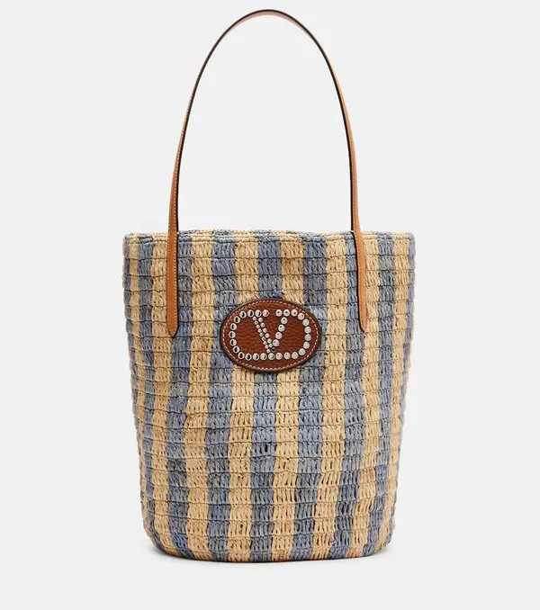 Valentino Garavani Vlogo Striped Raffia Tote Bag - Beige