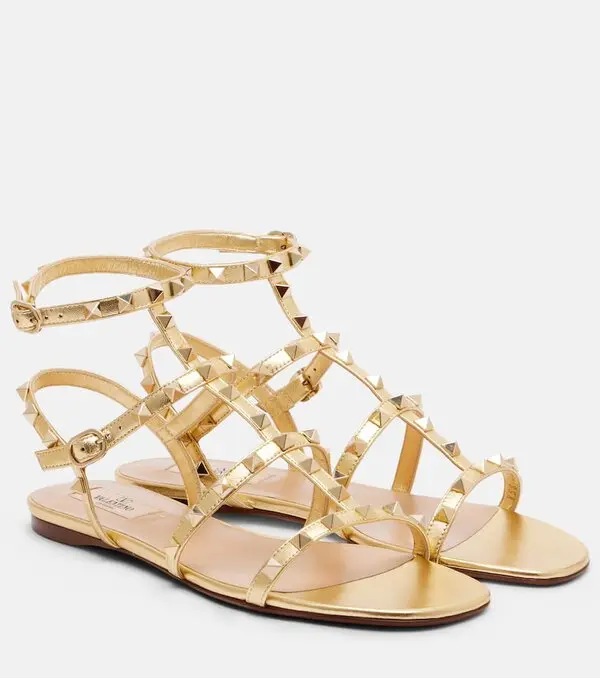 Valentino Garavani Rockstud Metallic Leather Sandals - Gold