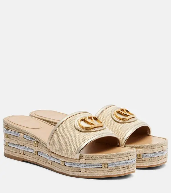 Valentino Garavani Vlogo Leather-trimmed Espadrille Slides - Beige