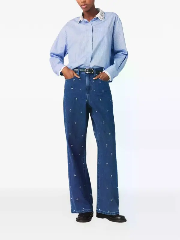Maje Wide Leg Jeans With Geometric Rhinestone Embellishments