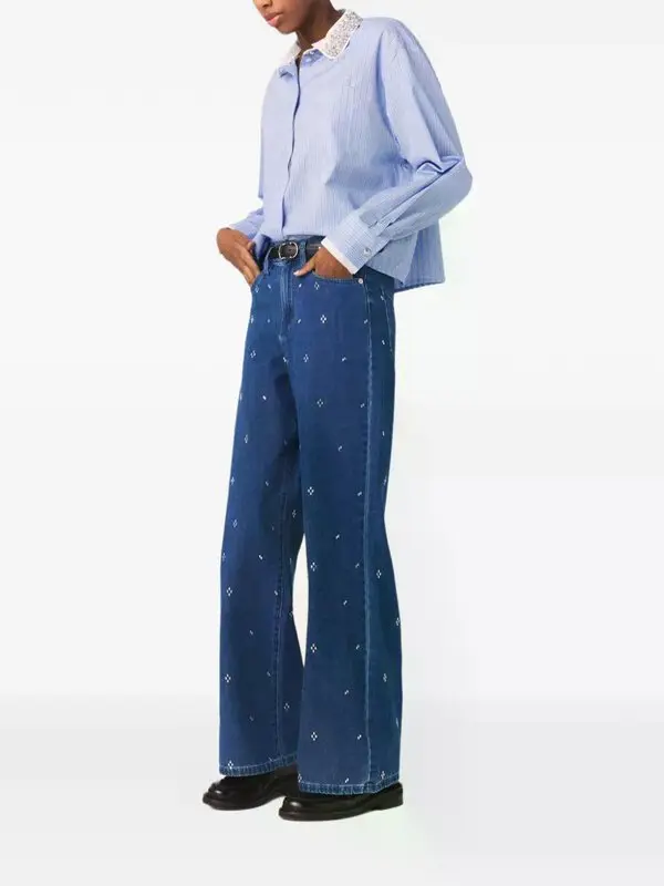 Maje Wide Leg Jeans With Geometric Rhinestone Embellishments