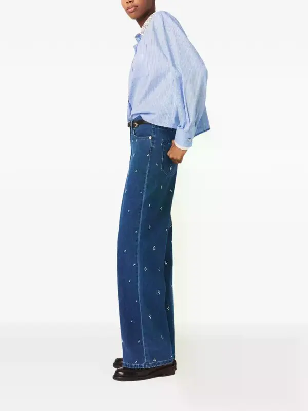 Maje Wide Leg Jeans With Geometric Rhinestone Embellishments