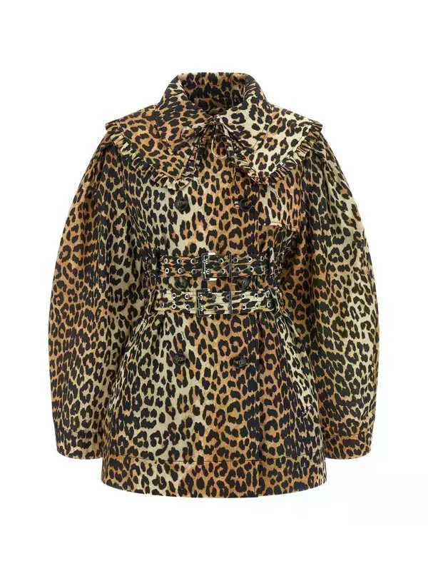 GANNI Leopard Print Ruffle Trench Coat