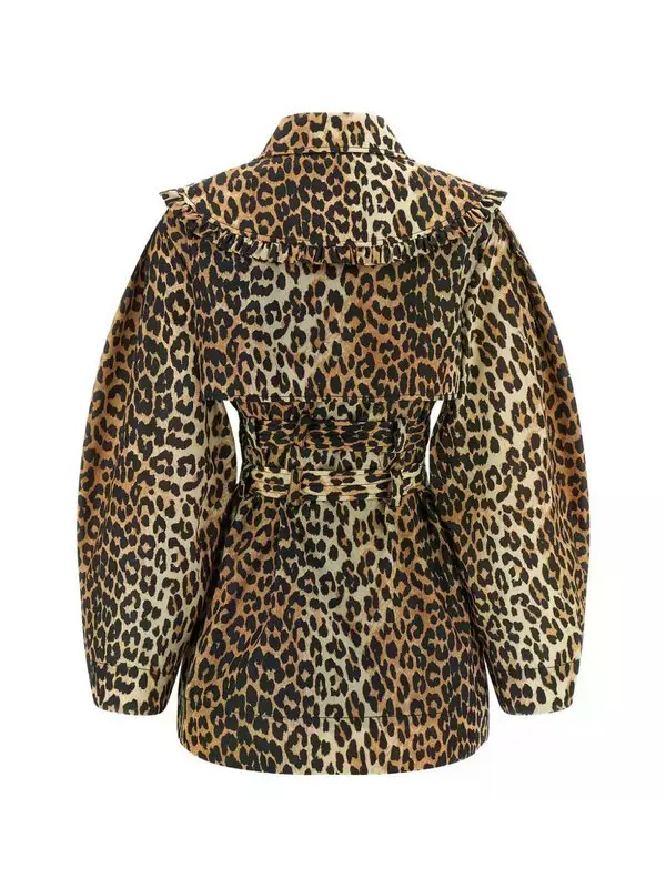 GANNI Leopard Print Ruffle Trench Coat