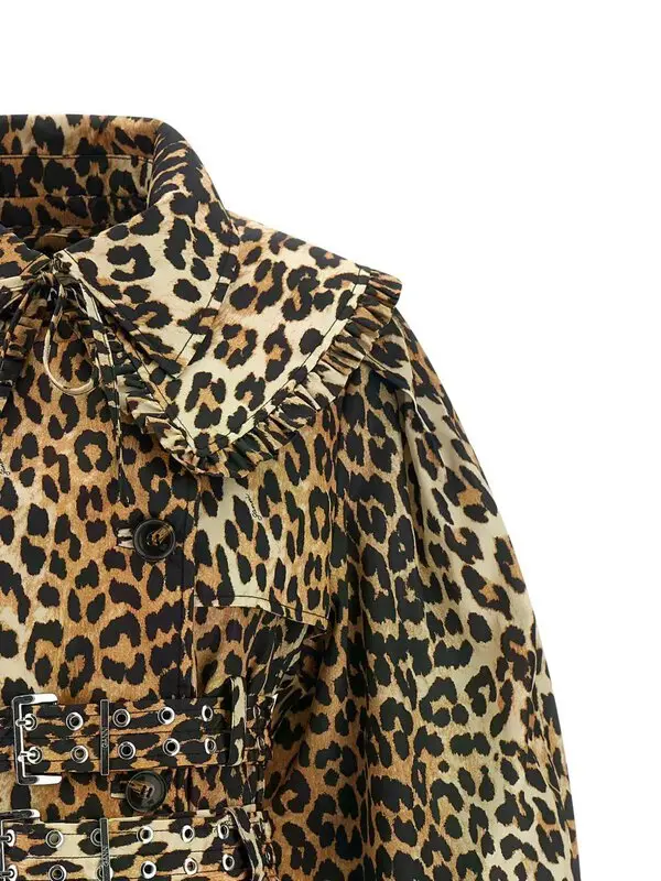 GANNI Leopard Print Ruffle Trench Coat