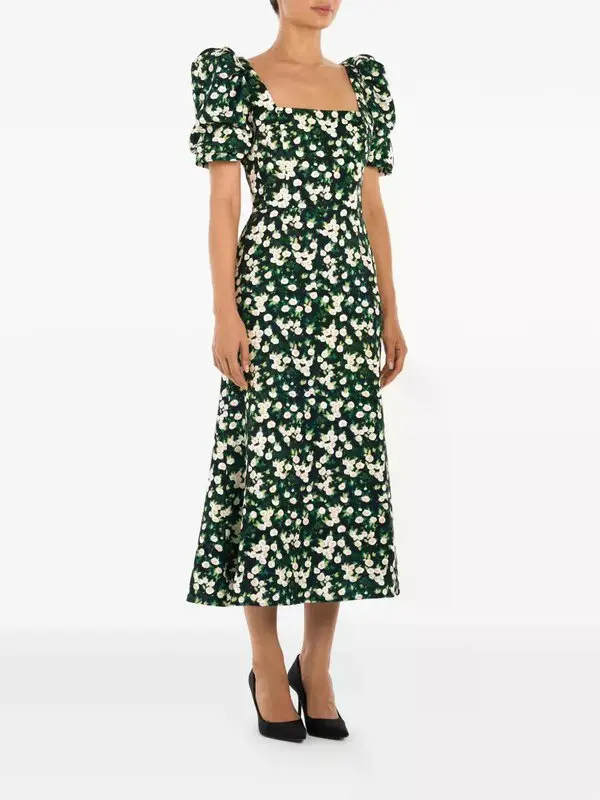 POST MERIDIEM Square-neck Floral-print Midi Dress - Green