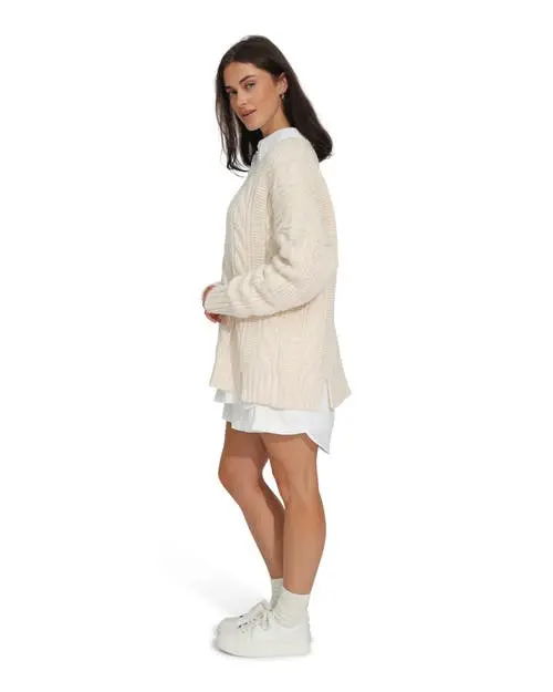 BELLE & BLOOM Oversized Cable Knit Crewneck Sweater - Beige