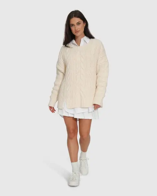 BELLE & BLOOM Oversized Cable Knit Crewneck Sweater - Beige