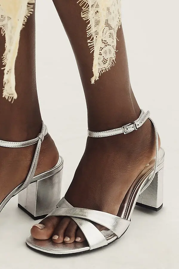 Maeve Cross-strap Block Heels - Silver