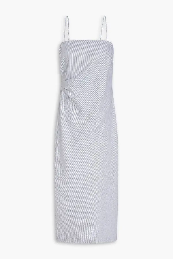 Vince Draped Striped Linen And Cotton-blend Midi Dress
