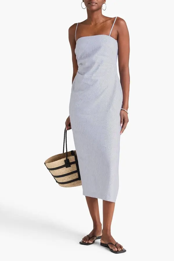 Vince Draped Striped Linen And Cotton-blend Midi Dress