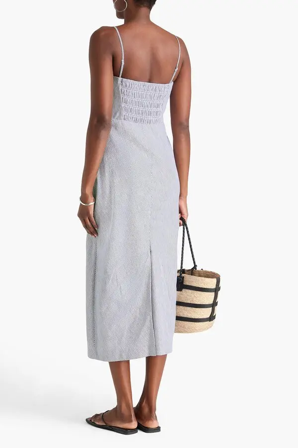 Vince Draped Striped Linen And Cotton-blend Midi Dress