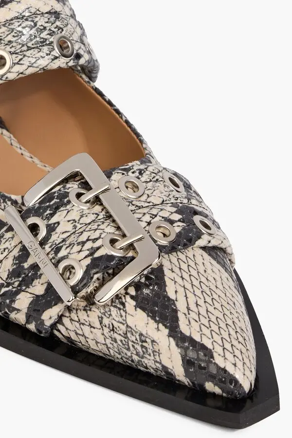GANNI Buckled Snake-effect Slingback Point-toe Flats