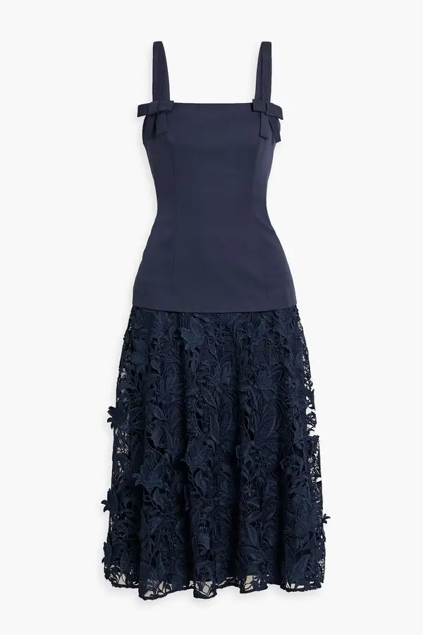 Badgley Mischka Crepe And Guipure Lace Midi Dress - Navy