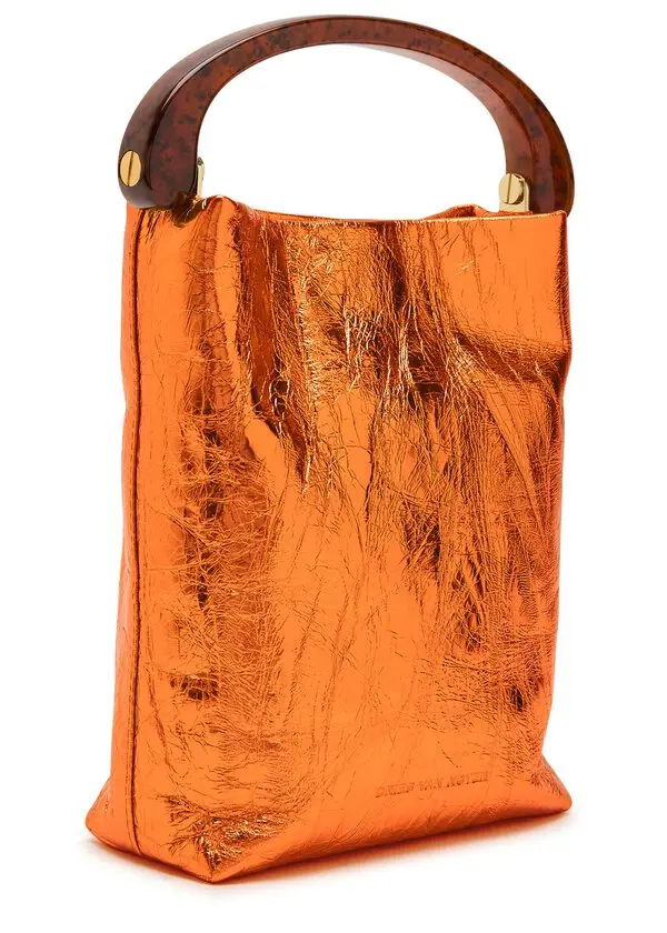Dries Van Noten Crinkled Metallic Leather Top Handle Bag