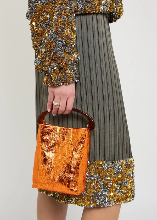 Dries Van Noten Crinkled Metallic Leather Top Handle Bag