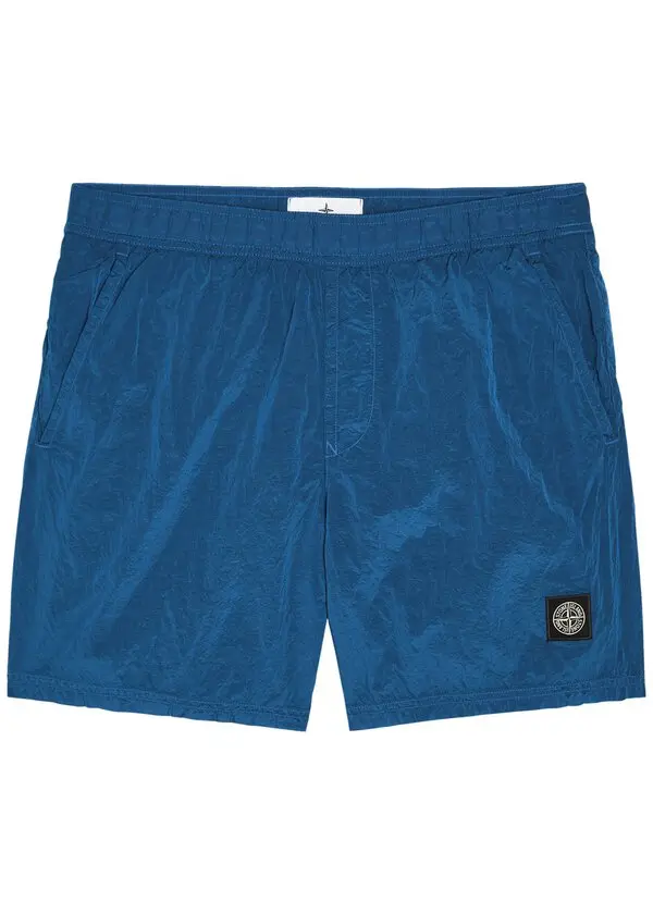 Stone Island Logo Crinkled Swim Shorts - Blue
