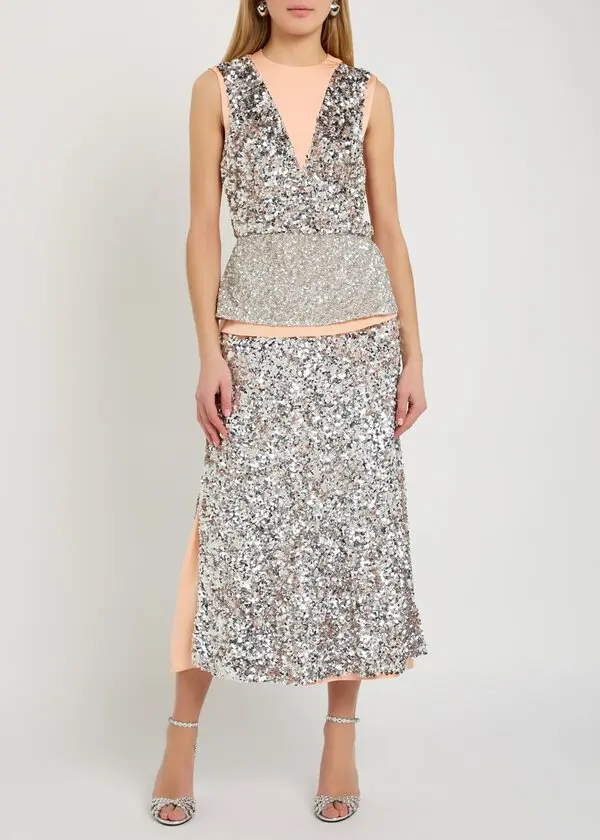 Rabanne Sequin-embellished Satin Midi Skirt - Silver