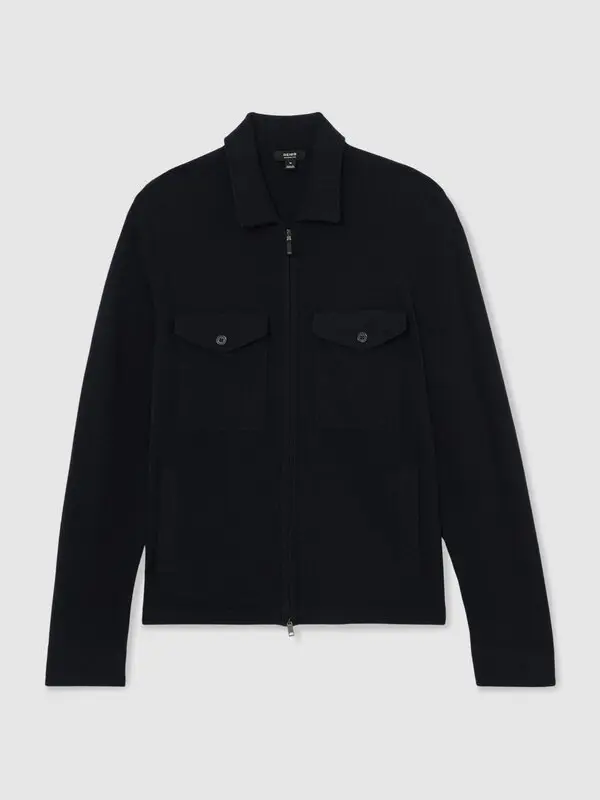 REISS Wool Knitted Zip-through Overshirt - Navy