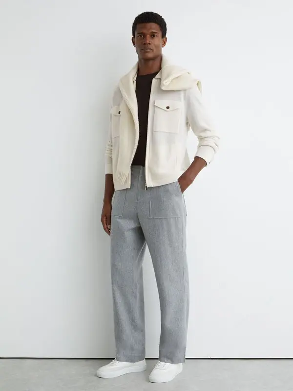 REISS Wool Knitted Zip-through Overshirt - White