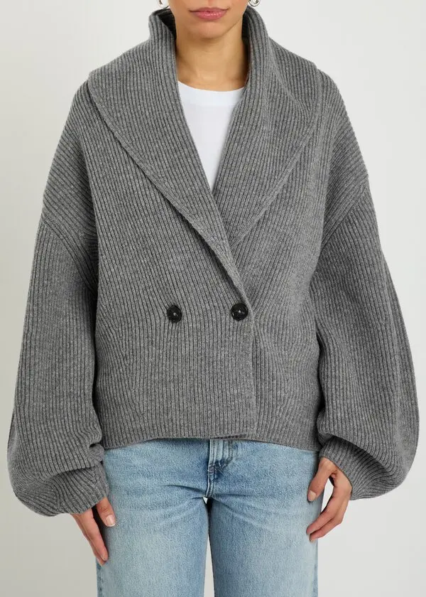TOTEME Shawl Lapel Ribbed Wool-blend Cardigan - Grey