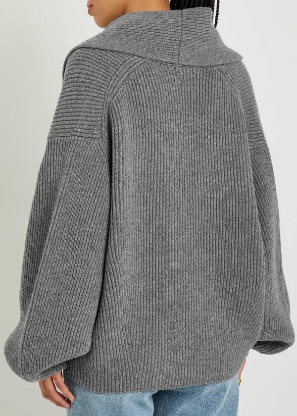 TOTEME Shawl Lapel Ribbed Wool-blend Cardigan - Grey
