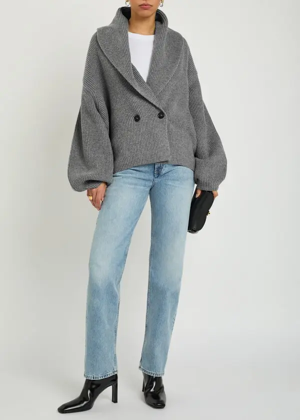 TOTEME Shawl Lapel Ribbed Wool-blend Cardigan - Grey