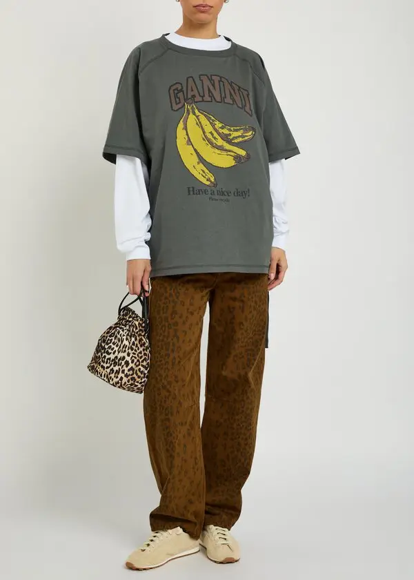 GANNI Printed Cotton Drawstring T-shirt - Grey