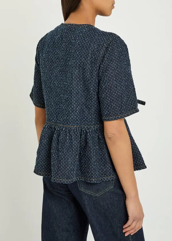 GANNI Tweed-effect Peplum Blouse - Denim