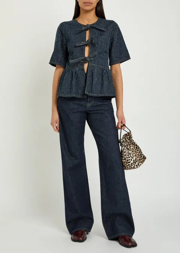 GANNI Tweed-effect Peplum Blouse - Denim
