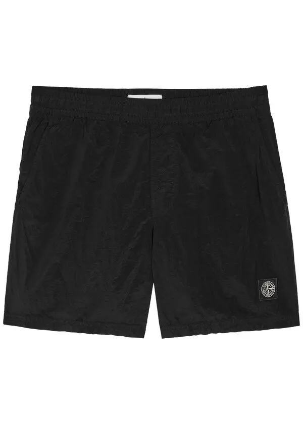 Stone Island Logo Crinkled Nylon Swim Shorts - Black