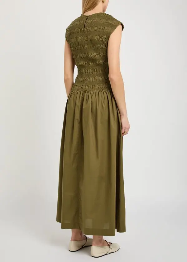 Faithfull The Brand Smocked Cotton Midi Dress - Green | Editorialist