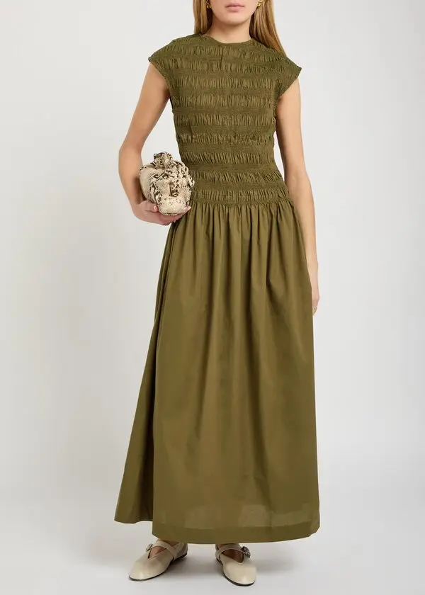 Faithfull The Brand Smocked Cotton Midi Dress - Green | Editorialist