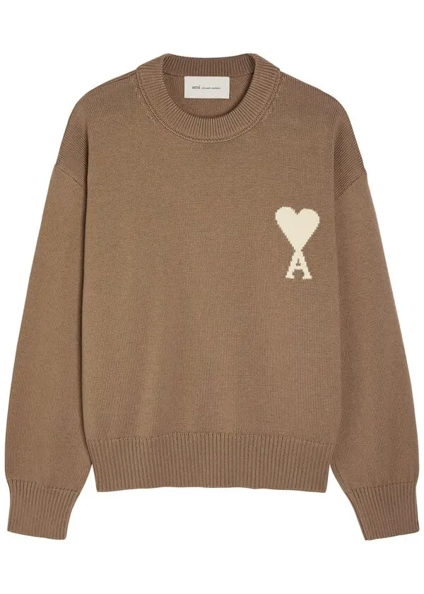 Ami Logo-intarsia Wool And Cotton-blend Jumper - Beige