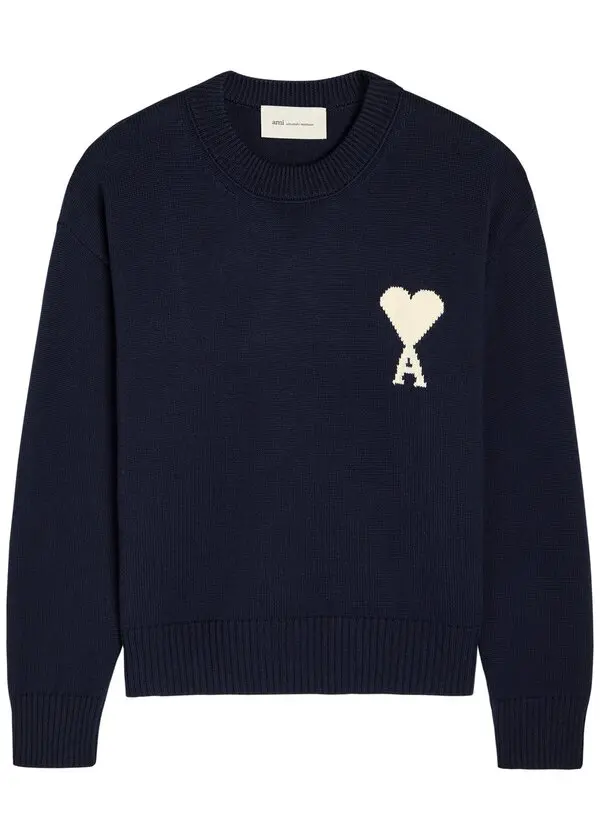 AMI Paris Logo-intarsia Wool And Cotton-blend Jumper
