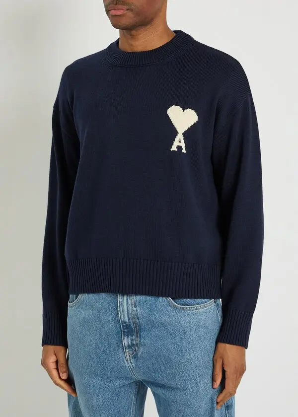 AMI Paris Logo-intarsia Wool And Cotton-blend Jumper