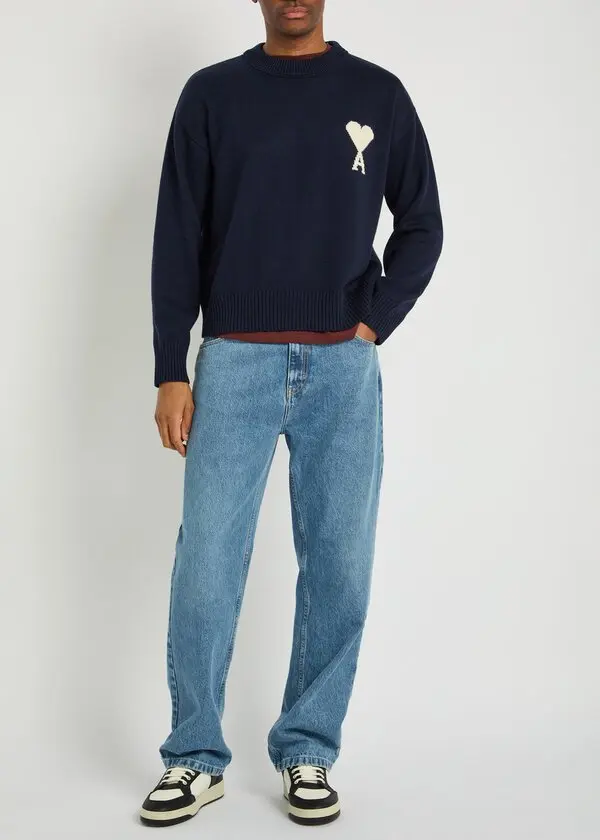 AMI Paris Logo-intarsia Wool And Cotton-blend Jumper