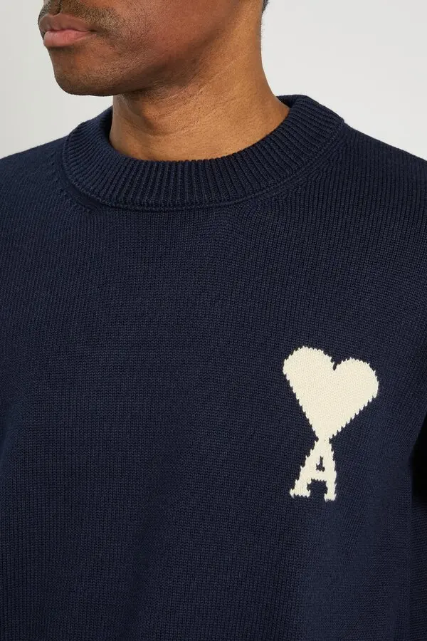 AMI Paris Logo-intarsia Wool And Cotton-blend Jumper