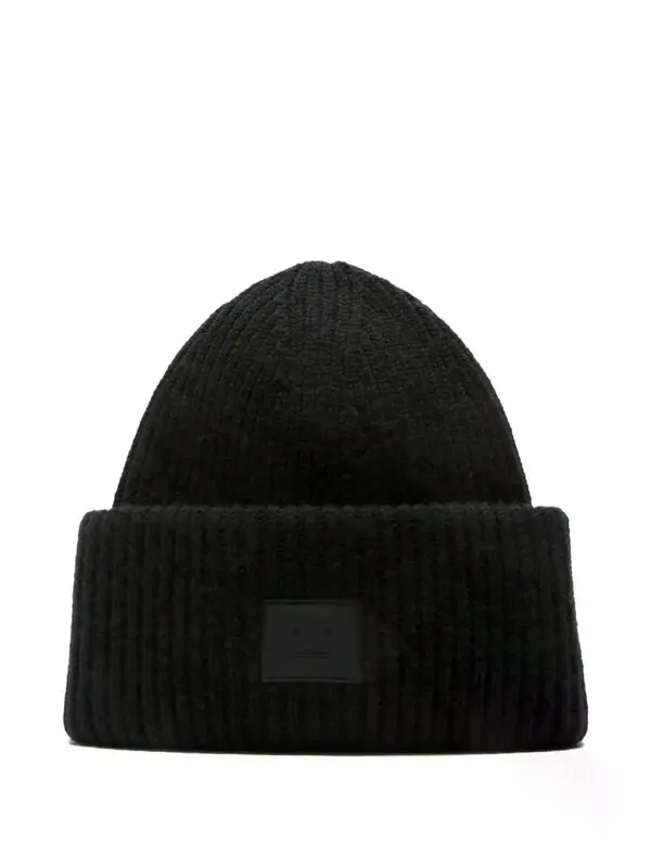 Acne Studios Ribbed Beanie With Face Patch - Black
