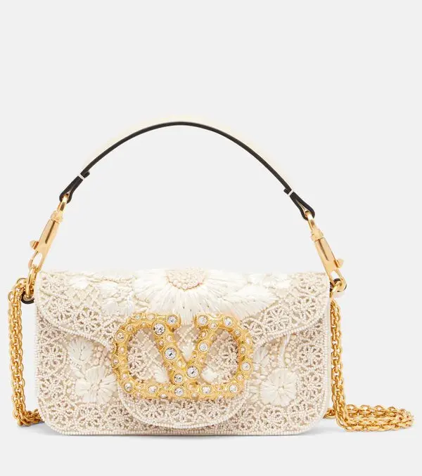 Valentino Garavani Locò Small Raffia Shoulder Bag - White
