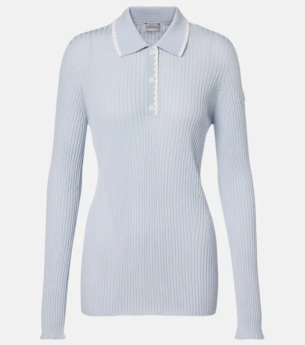 Moncler Ribbed-knit Virgin Wool Polo Sweater - Blue