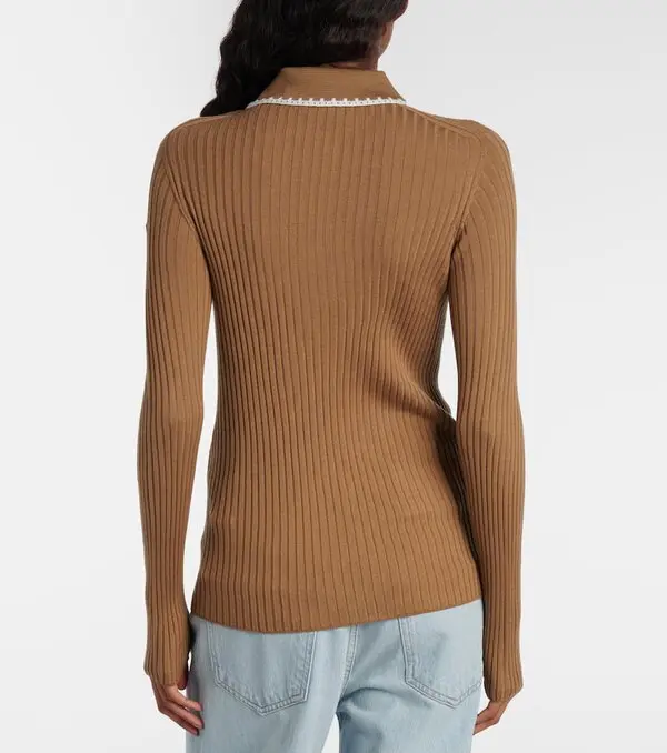 Moncler Ribbed-knit Virgin Wool Polo Sweater - Brown
