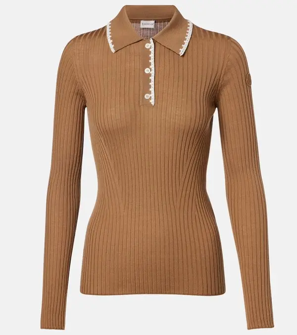 Moncler Ribbed-knit Virgin Wool Polo Sweater - Brown