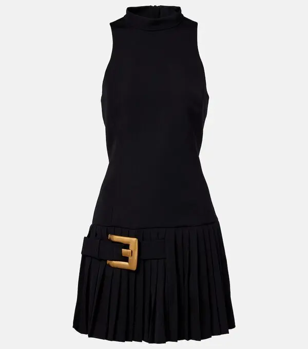 Balmain Pleated Virgin Wool Mini Dress - Black