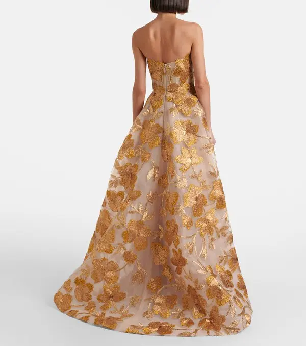 Monique Lhuillier Embroidered Strapless Gown