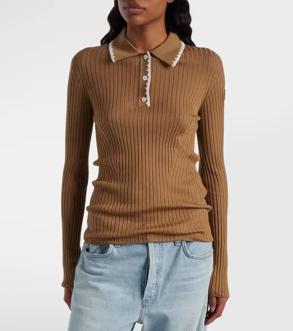 Moncler Ribbed-knit Virgin Wool Polo Sweater - Brown